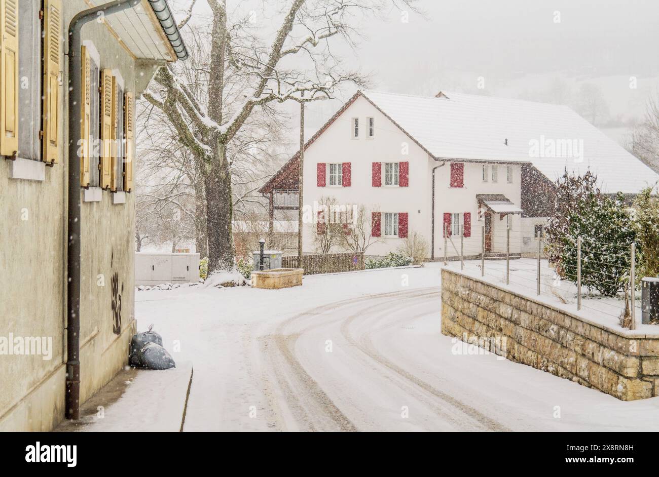 Switzerland, Laufental, Baselland, Zwingen, Dorfstrasse, winter, snow ...