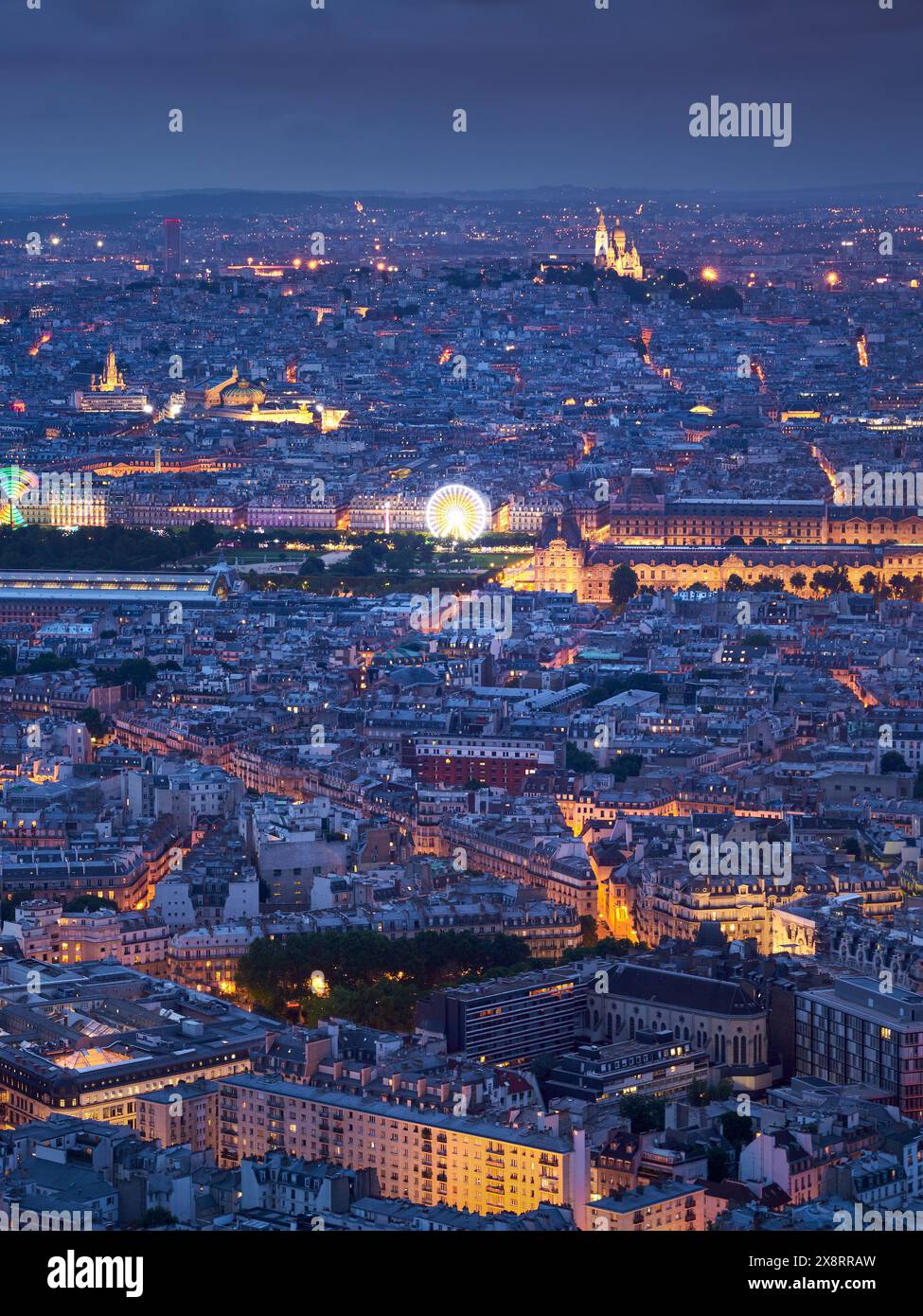 Paris aerial view at twilight toward Monmartre and Sacré-Coeur across ...