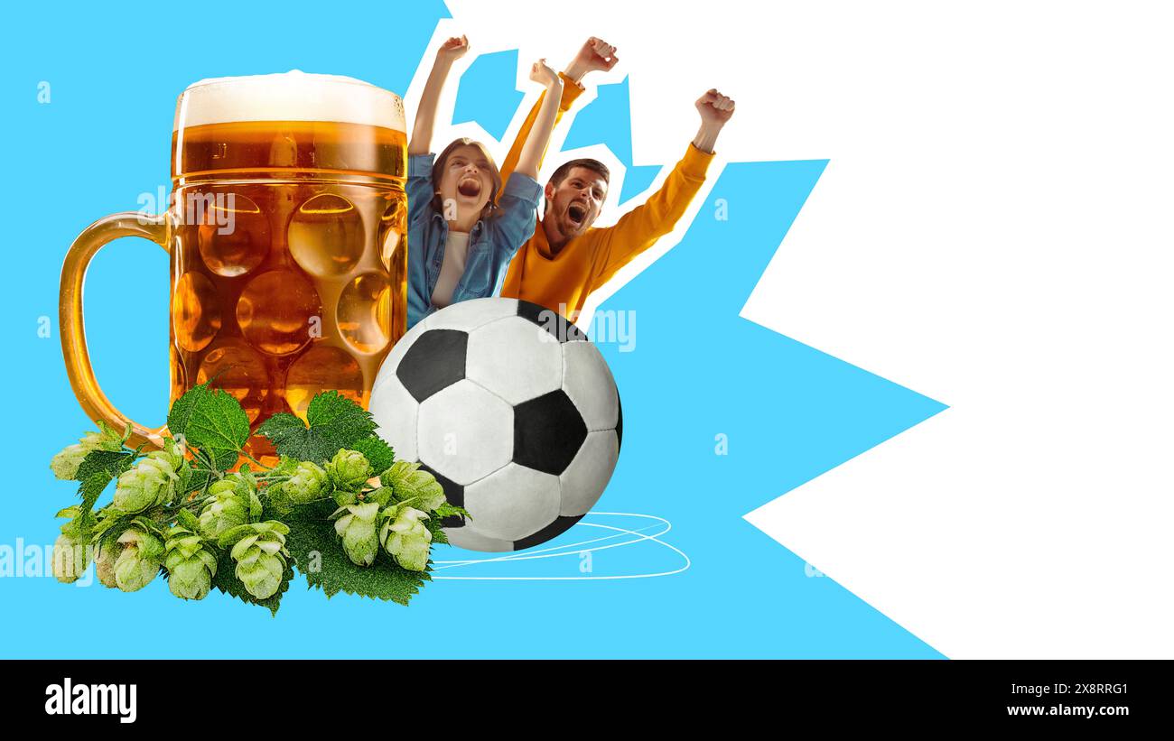 Poster. Contemporary art collage. Behind huge mug with hop of beer ...