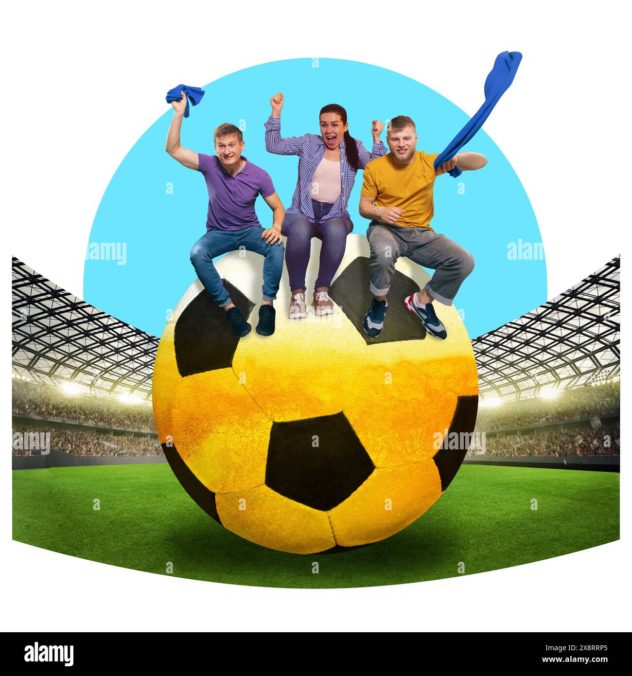 Poster. Contemporary art collage. Football fans sitting on ball full of ...