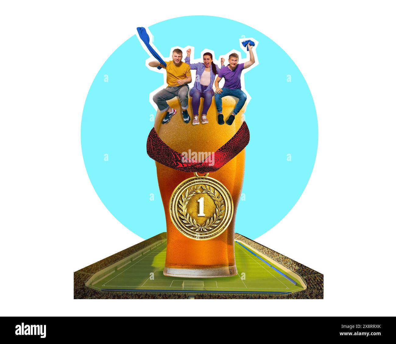 Poster. Contemporary art collage. Cheering football fans sitting on ...