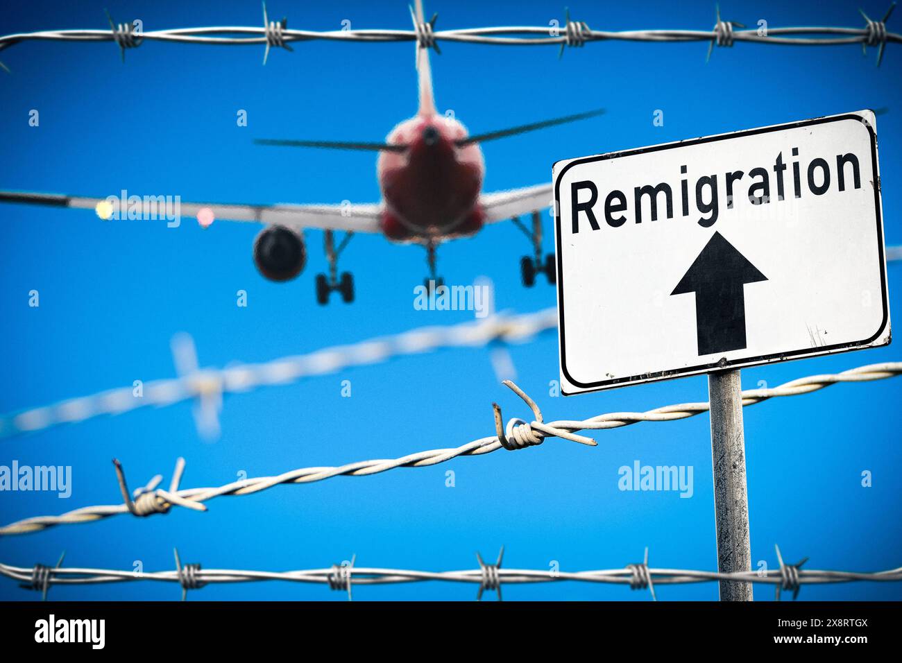 27 May 2024: Symbolic image Remigration, An airplane in the air behind ...