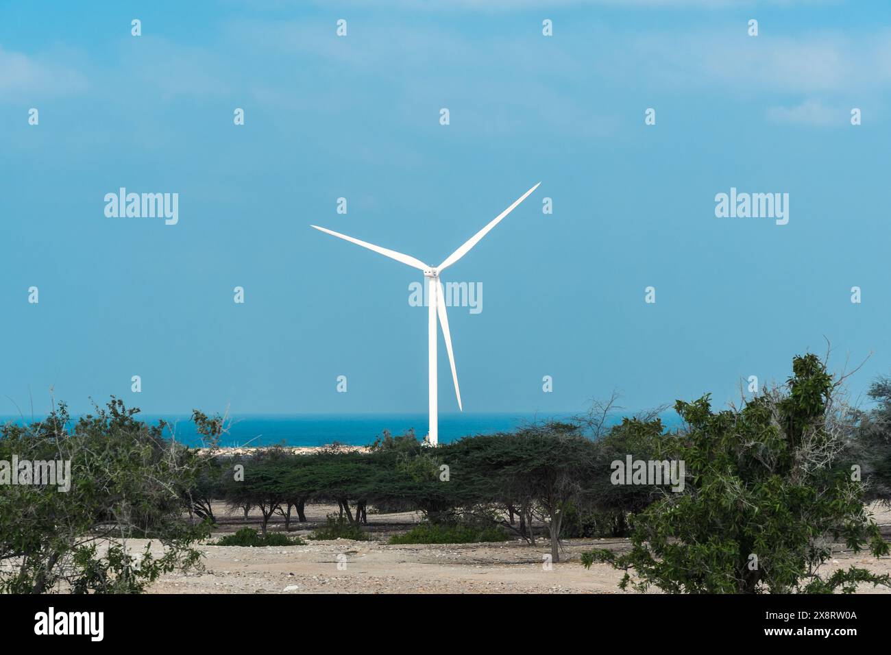 Sir Bani Yas, UAE - January 5, 2024: A solitary wind turbine stands as ...