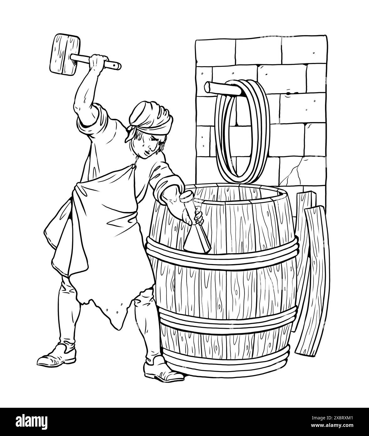 Drawing of a medieval cooper at work. Journeyman cooper makes a large ...