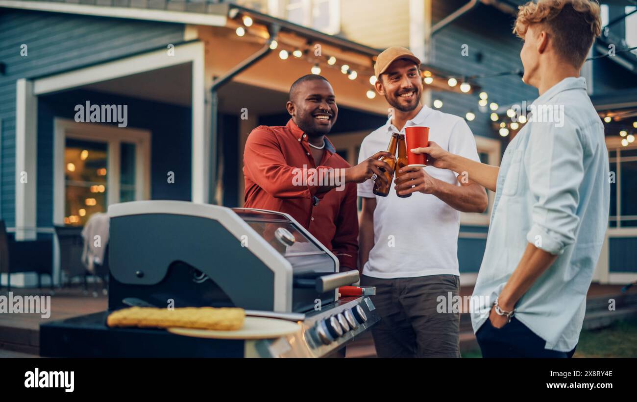 Three Happy Young Adult Men Gathered Around a Fire Grill, Chatting and ...