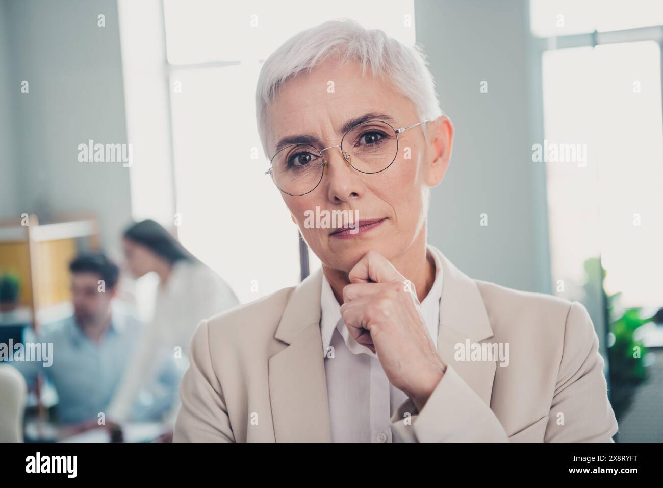 Photo of thoughtful business lady expert touch chin fingers think in ...