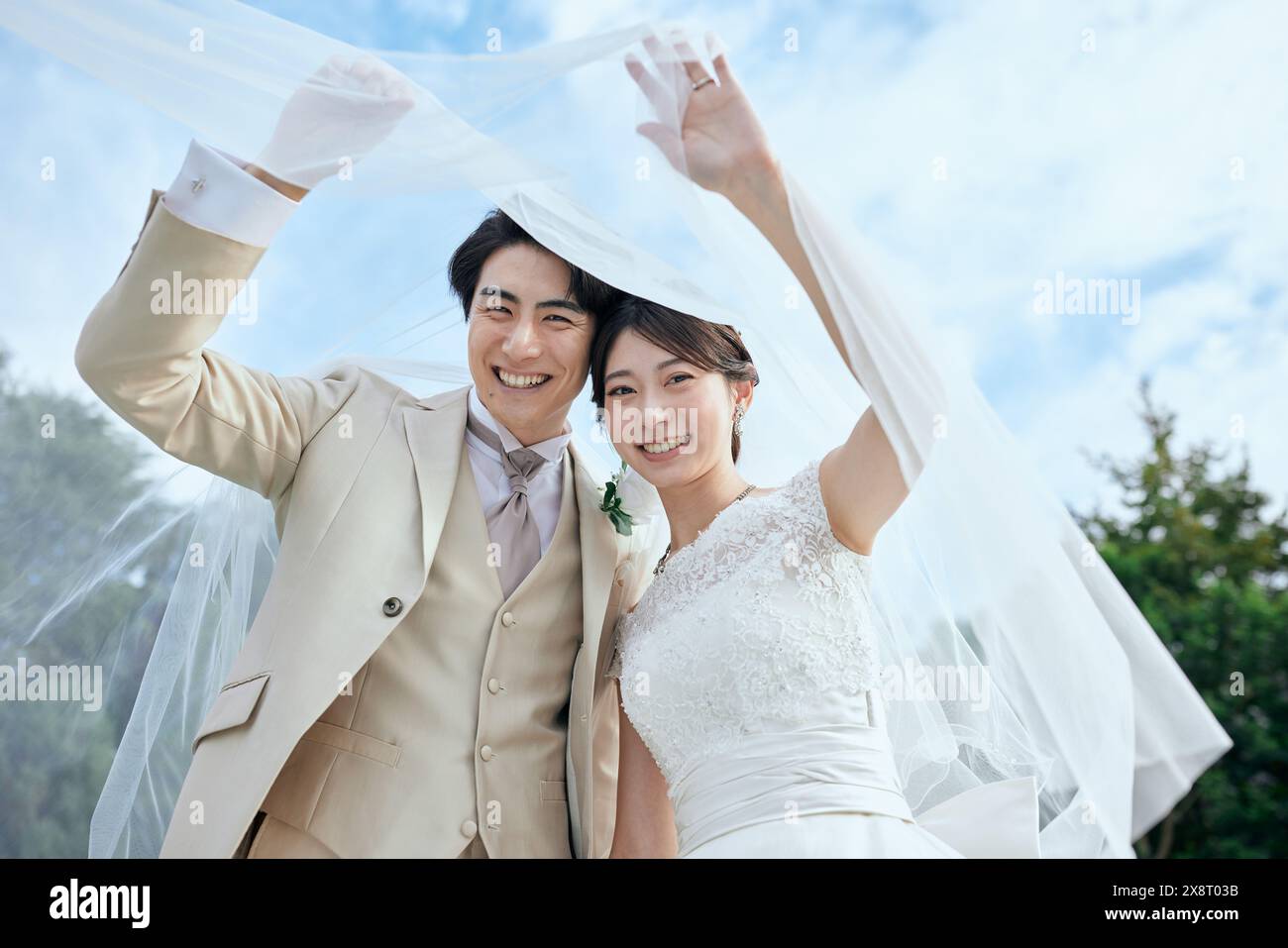 Japanese newly married couple holding veil Stock Photo - Alamy