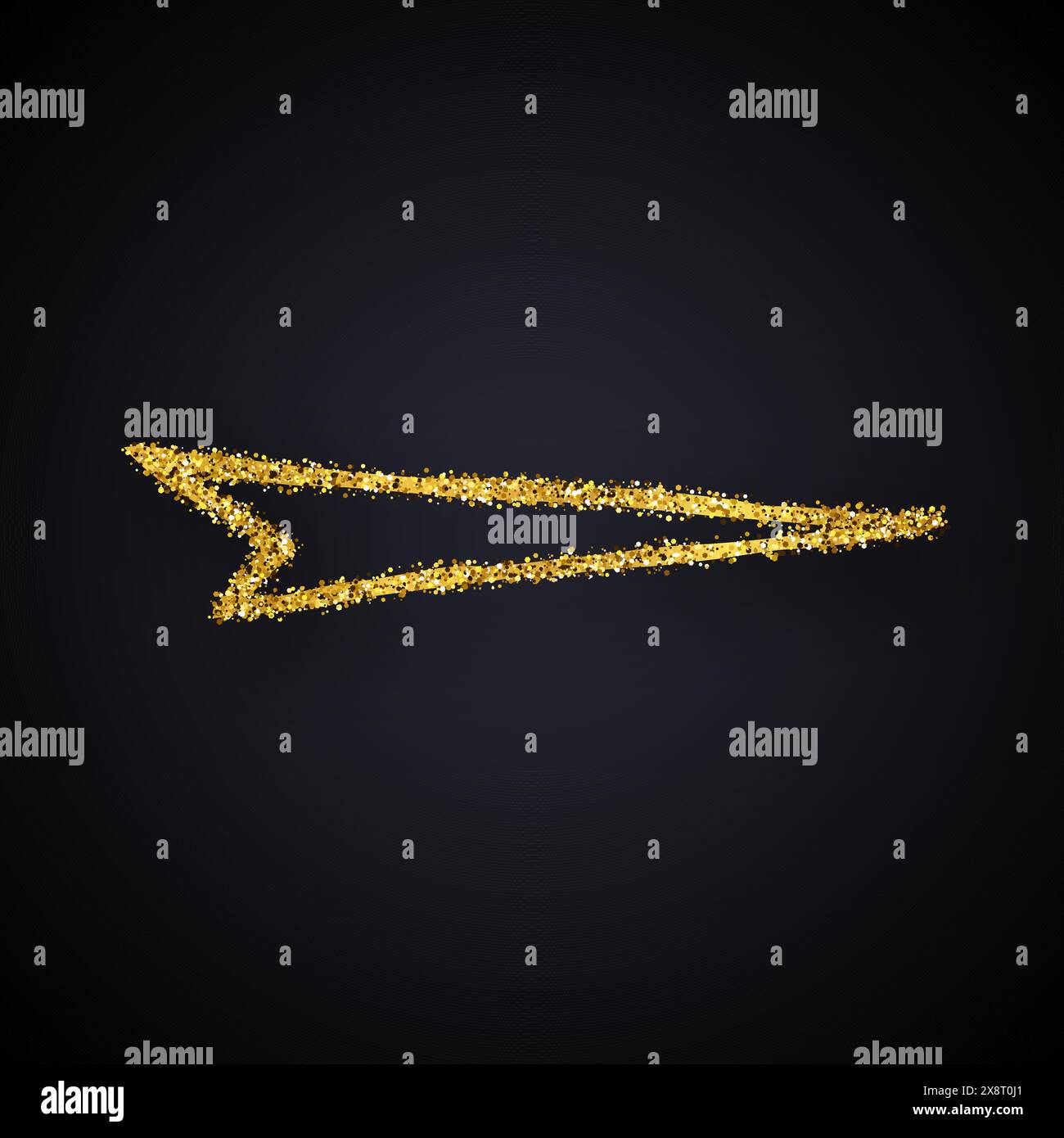 Gold glitter hand drawn arrow. Doodle arrow with gold glitter effect on dark background. Vector ...