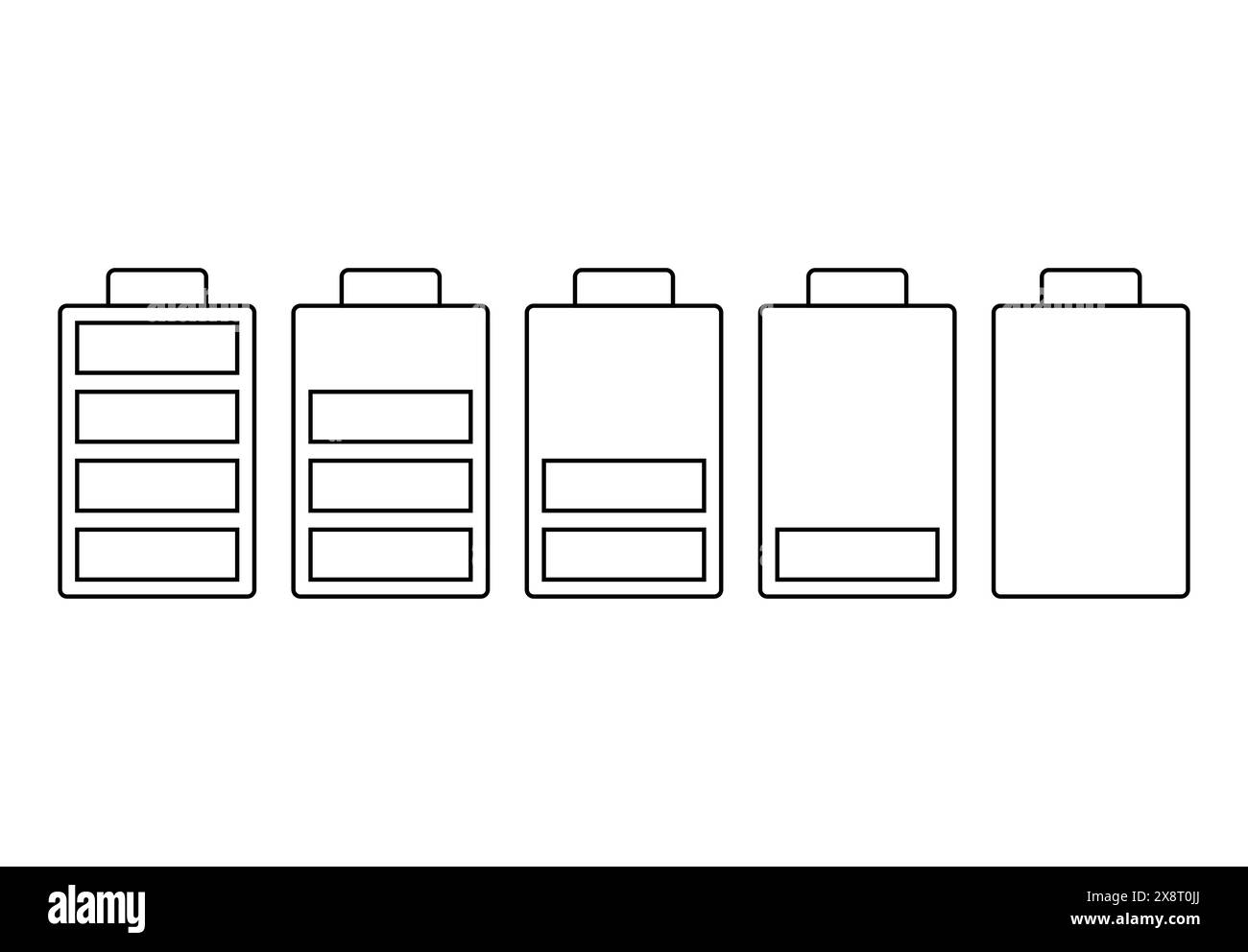 A set of five batteries with different charge indicators. Vector ...
