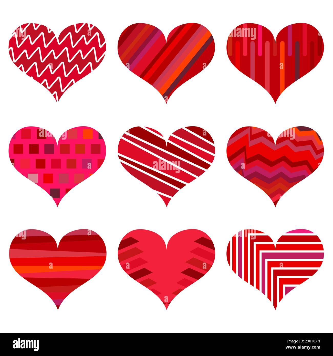 Set of different red hearts. Nine hearts isolated on a white background ...