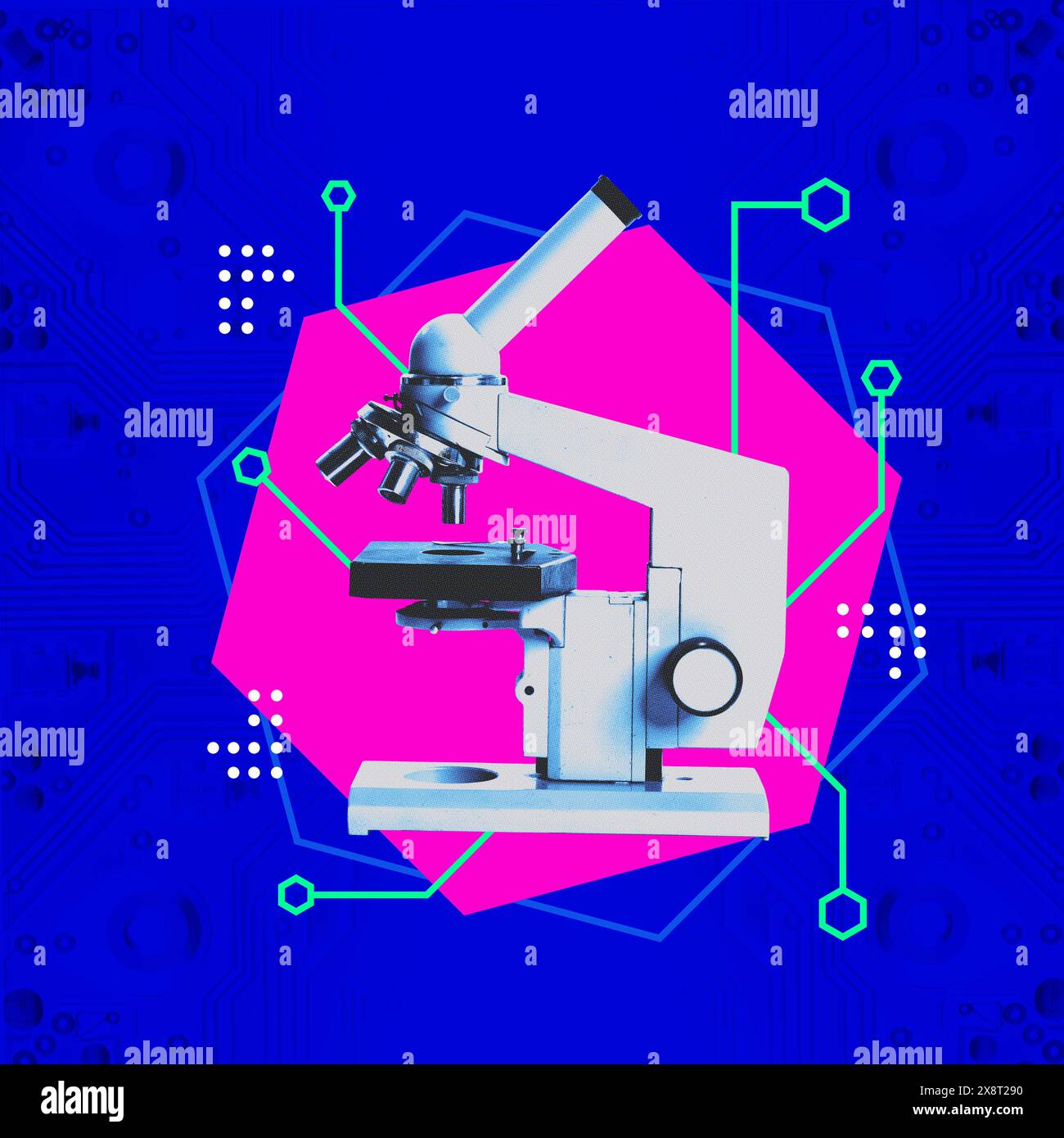 Contemporary art collage. Microscope against vibrant blue background ...