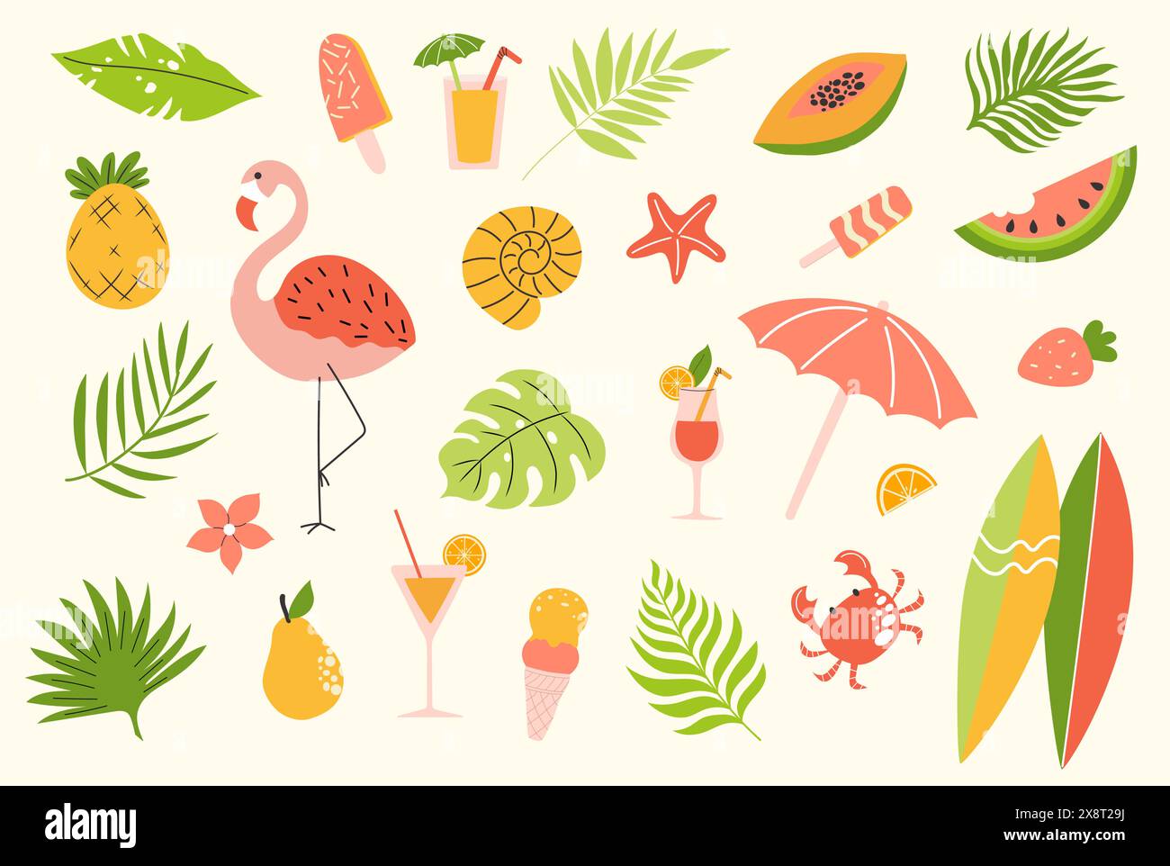 Handdrawn vector summer set. Palm leaves, fruits, flamingo, ice cream ...