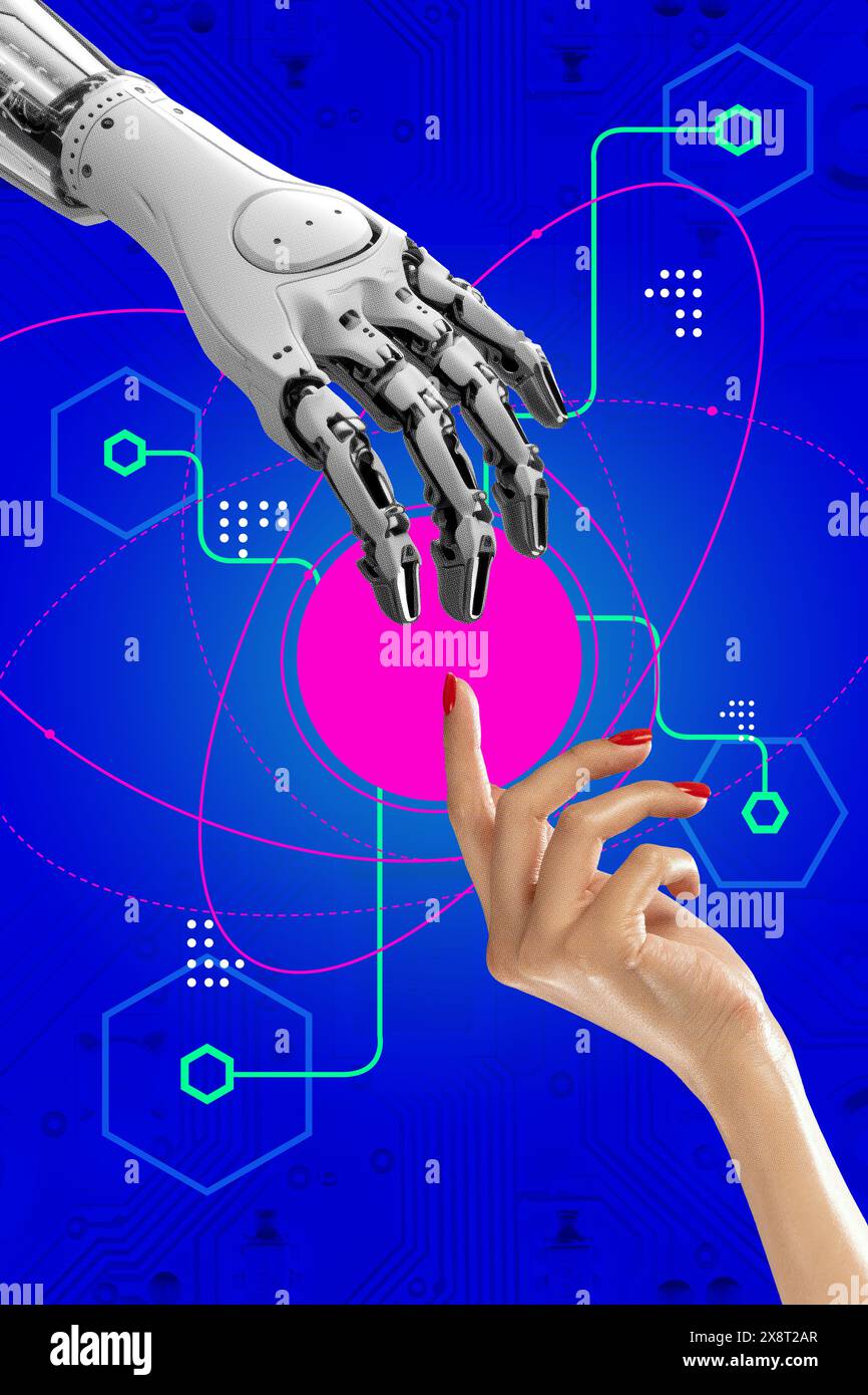 Contemporary art collage. Robotic hand and a human hand reaching ...