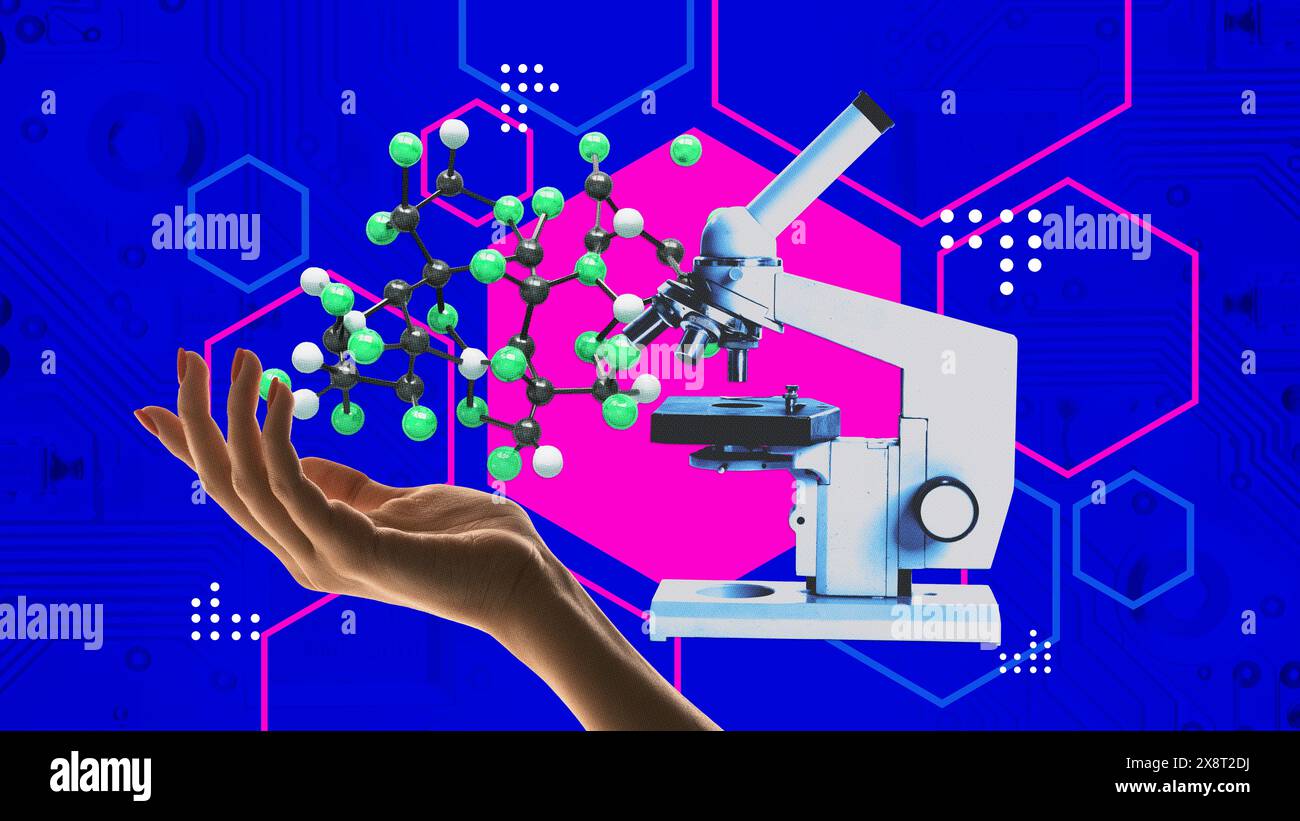 Contemporary art collage. Science and technology integration. Human ...