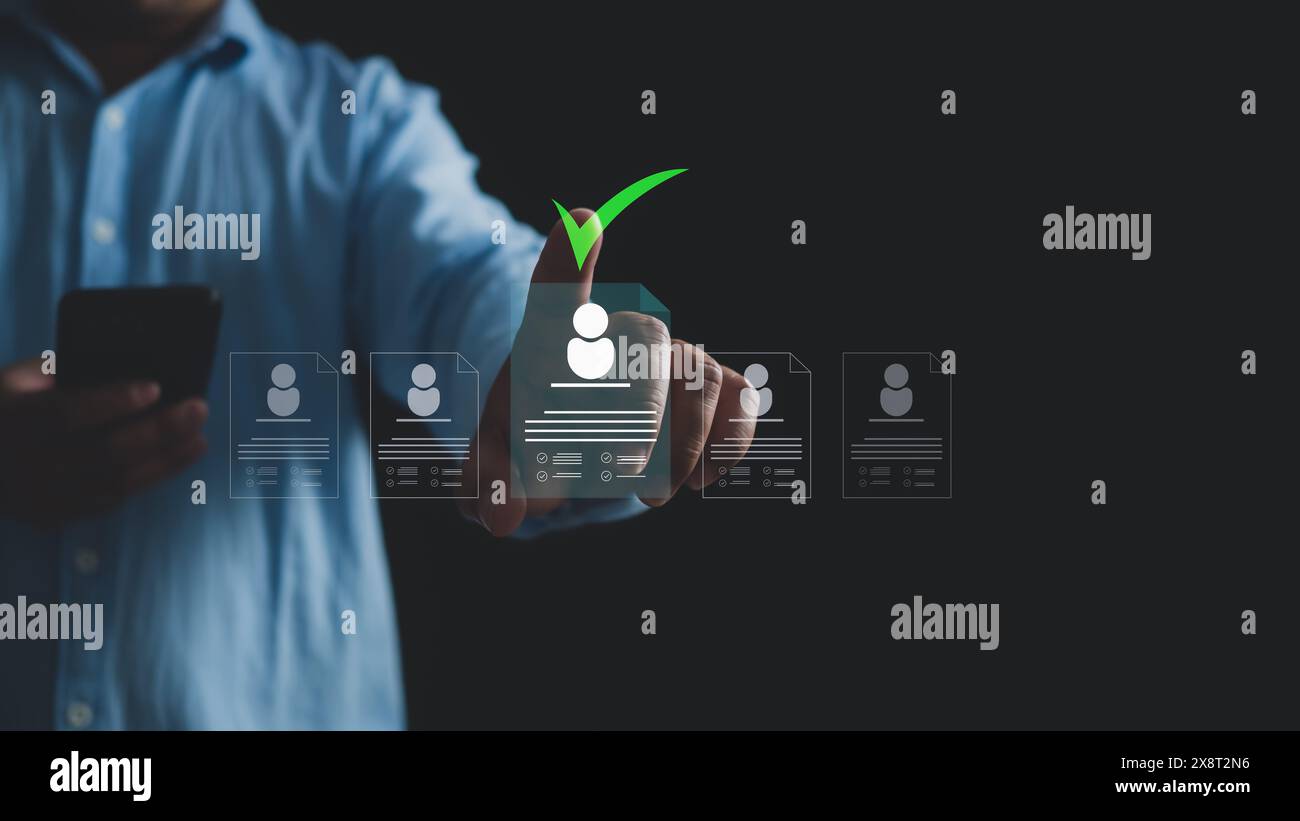 Human points finger at check mark, Human resources management concept ...