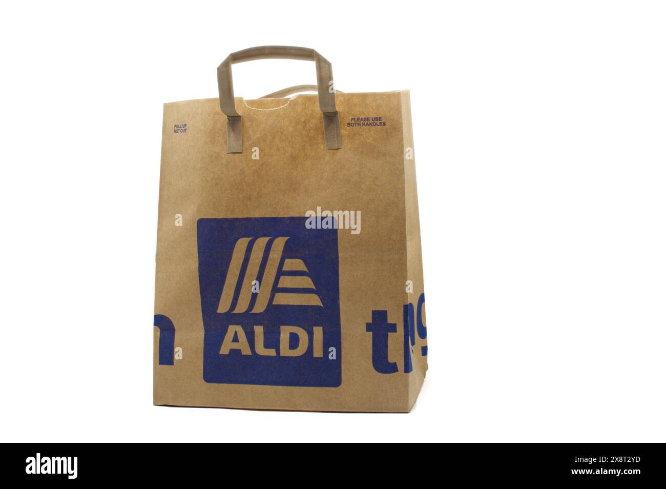 Ocala, FL 4-18-2024 Brown paper ALDI shopping bag with handles and copy ...