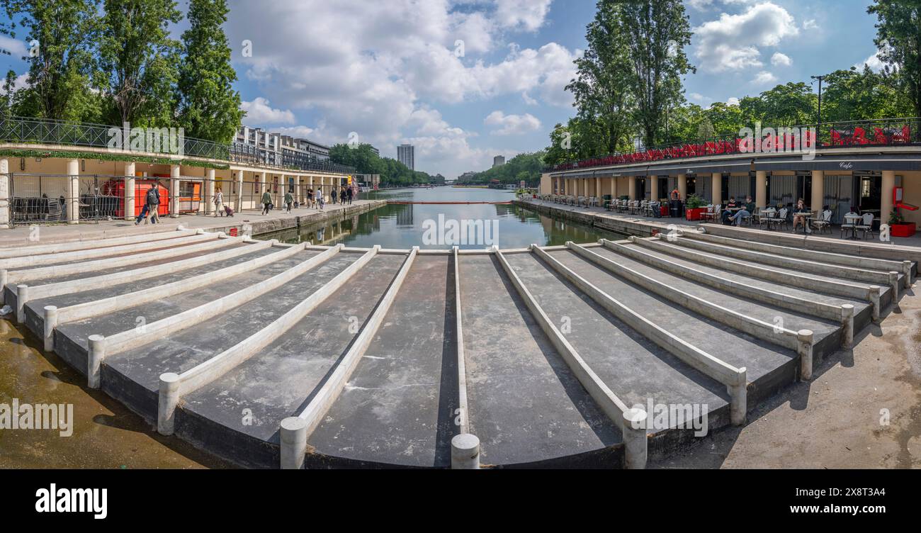 Paris, France - 05 25 2024: Ourcq Canal. Reflections on the Ourcq canal ...