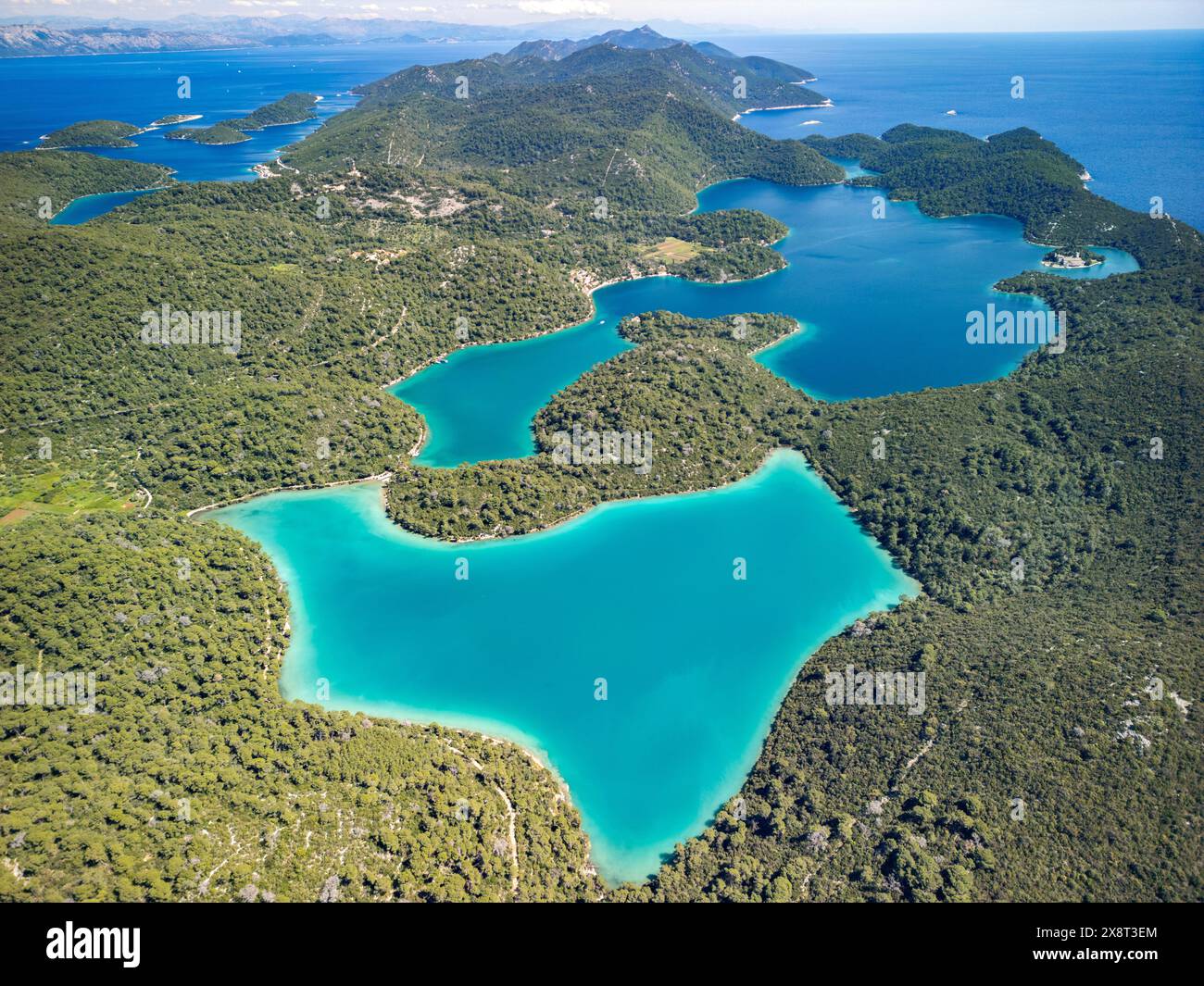 Aerial view of Mljet National Park and the salt lakes Malo Jezero ...