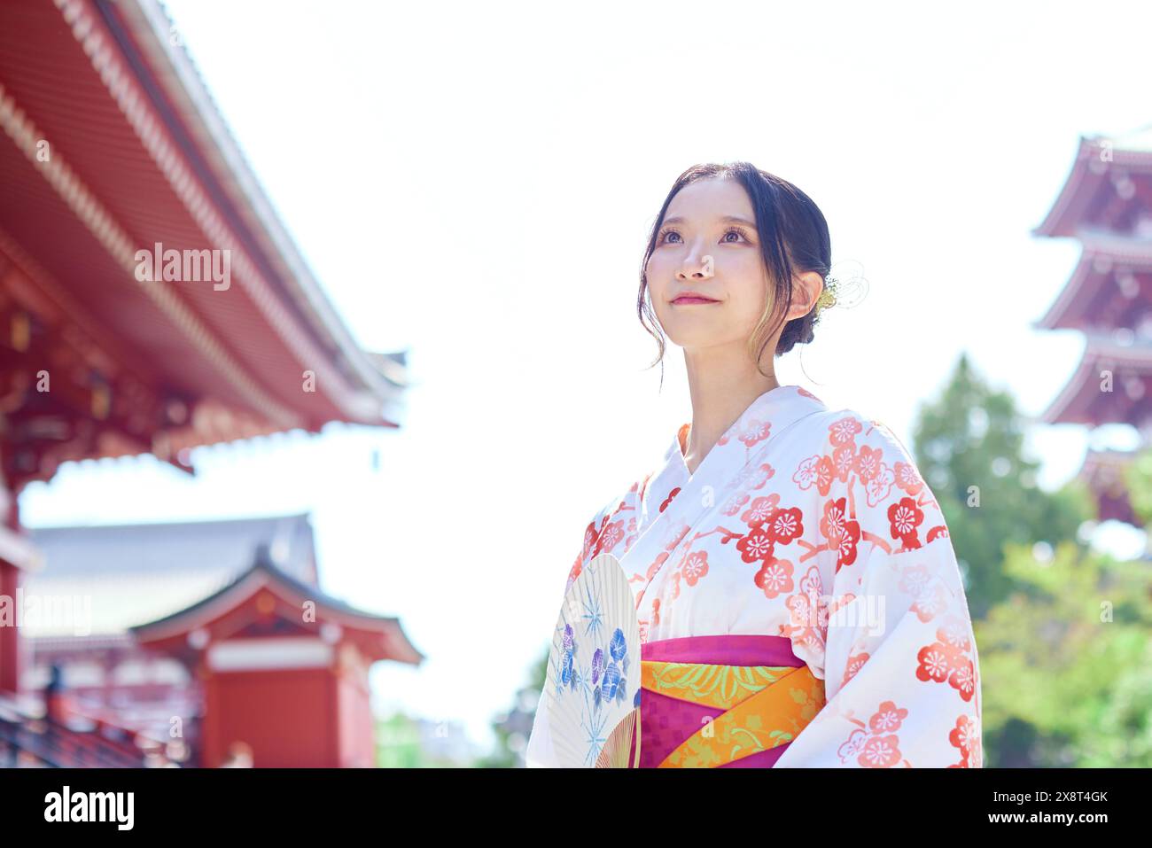 Japanese woman in a yukata visiting traditional temple in Tokyo Stock ...