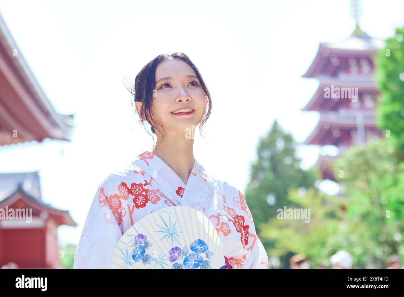 Japanese woman in a yukata visiting traditional temple in Tokyo Stock ...