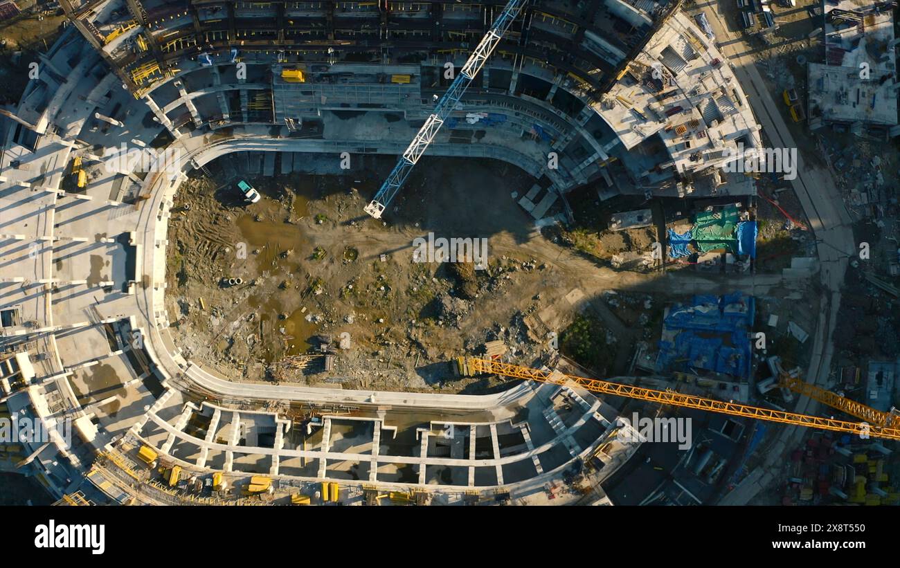 Vertical top view of construction of circular building. Stock footage ...