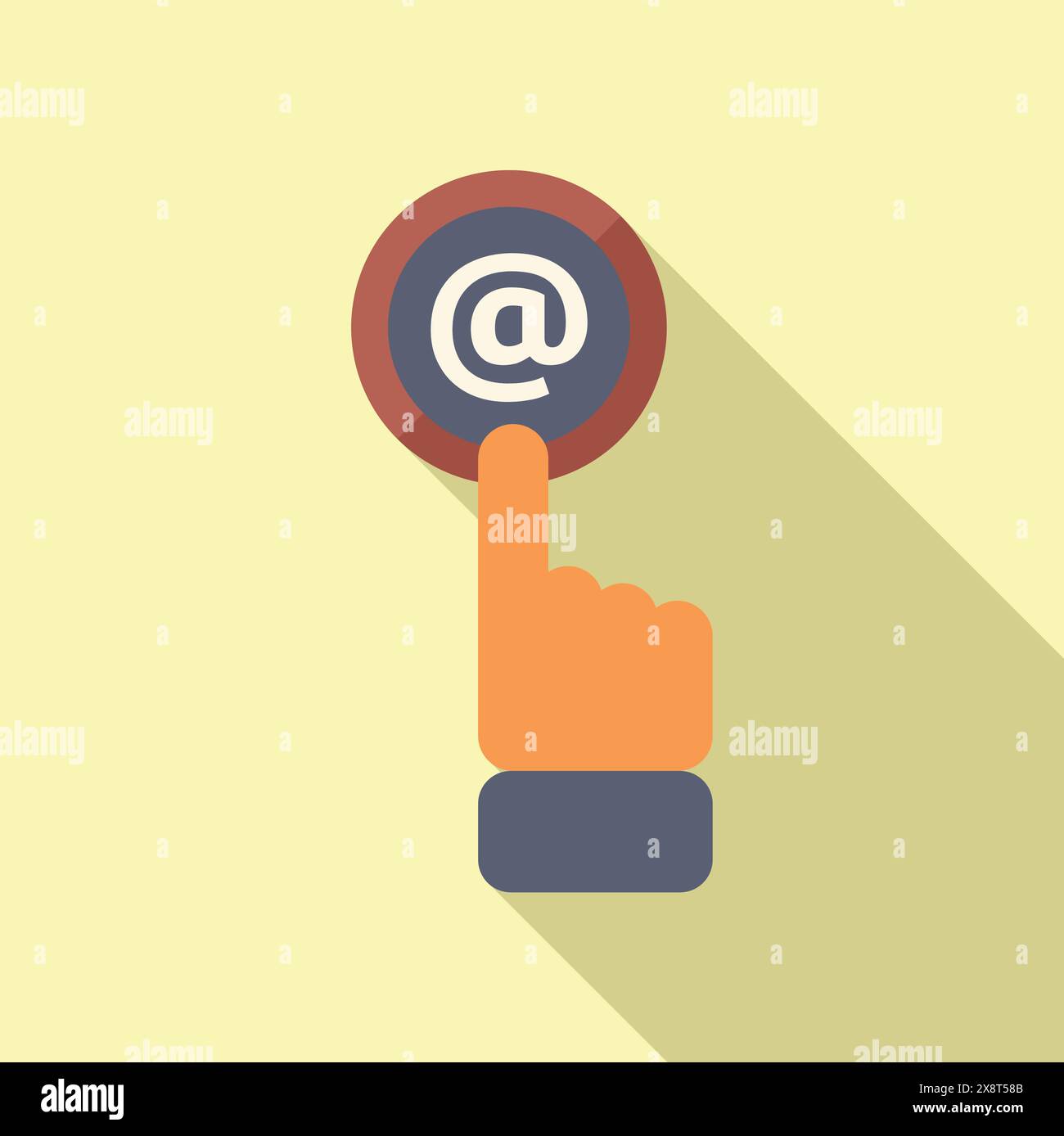 Flat design illustration of a finger pressing an email icon button with ...