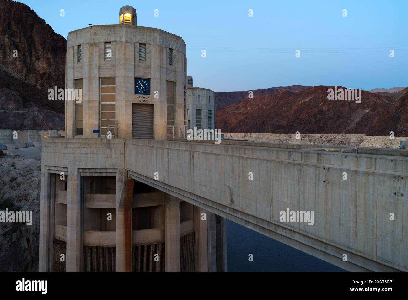 Hoover Dam intake towers shown at dusk. Recent image taken in mid-March ...