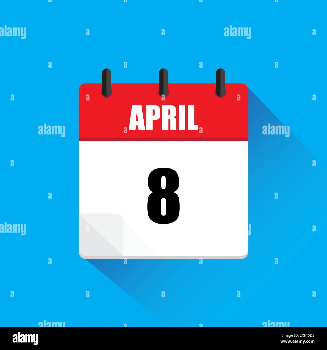 April eighth calendar. Red white vector. Blue background icon. Long ...