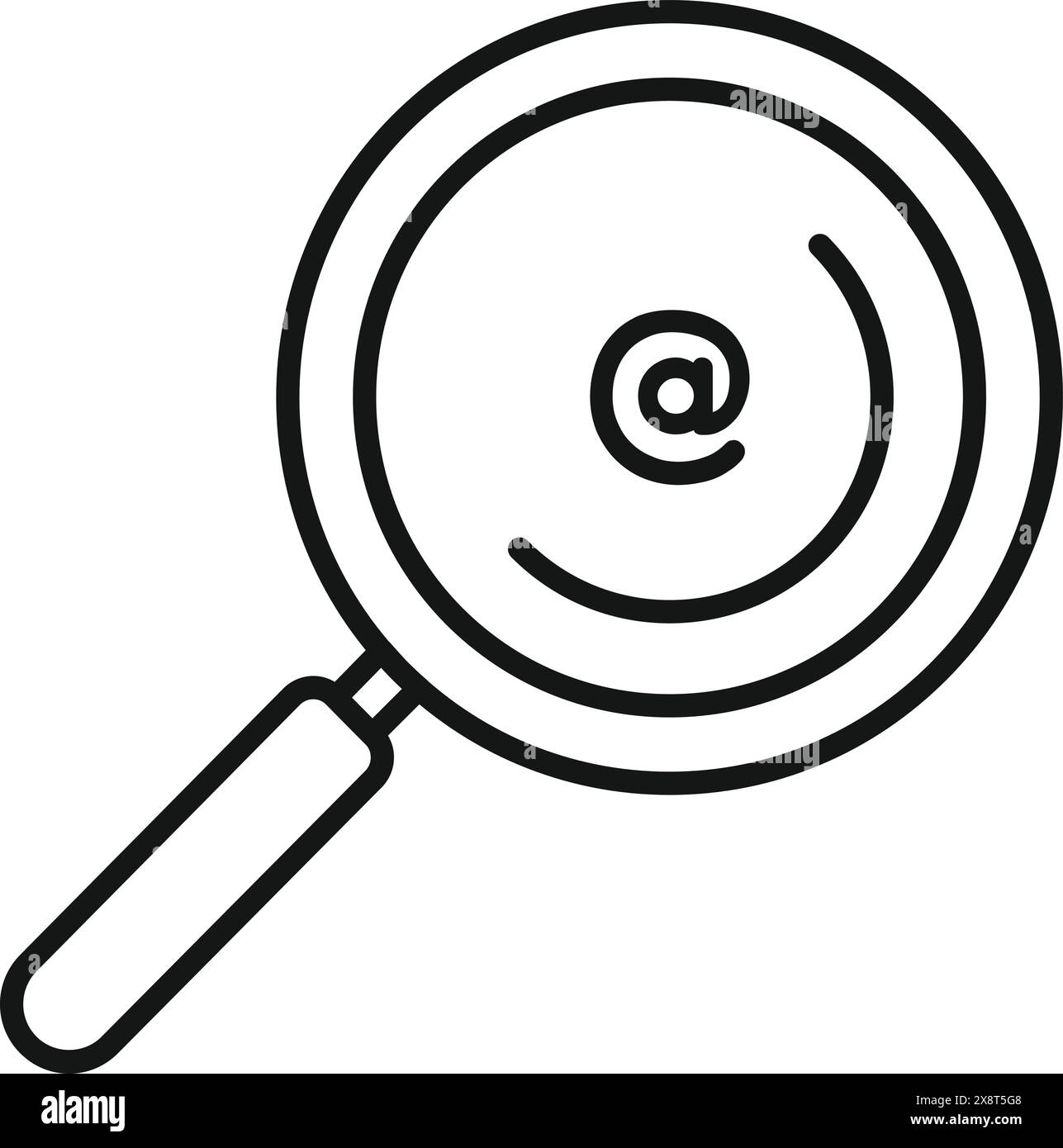A simple line drawing of a magnifying glass focusing on an at symbol ...