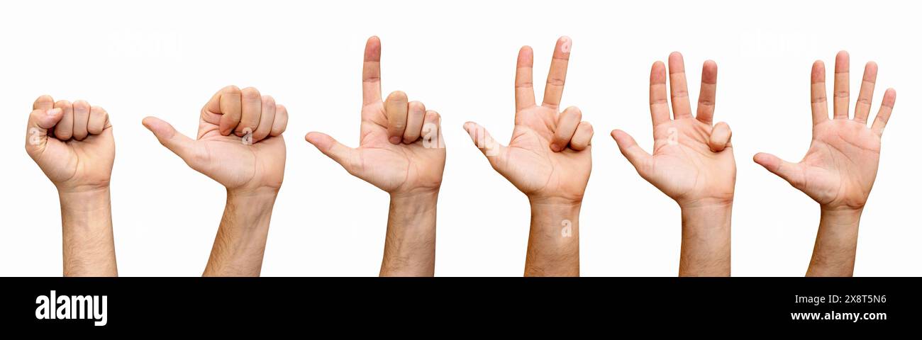 Set of isolated male hands showing numbers with fingers. Counting from zero to five Stock Photo ...