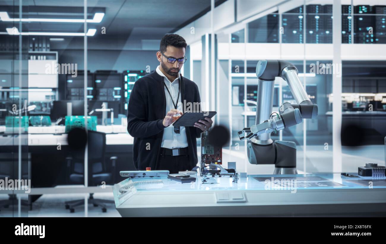 Industrial Robotics Professional Interacting with Robotic Arm During a ... Industrial Robotics Professional Interacting with Robotic Arm During a ...