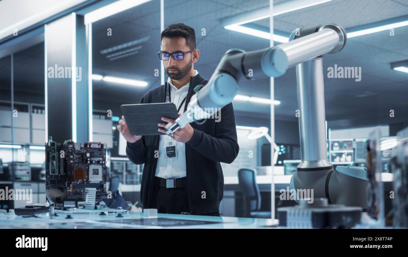 Industrial Robotics Professional Interacting with Robotic Arm During a ...