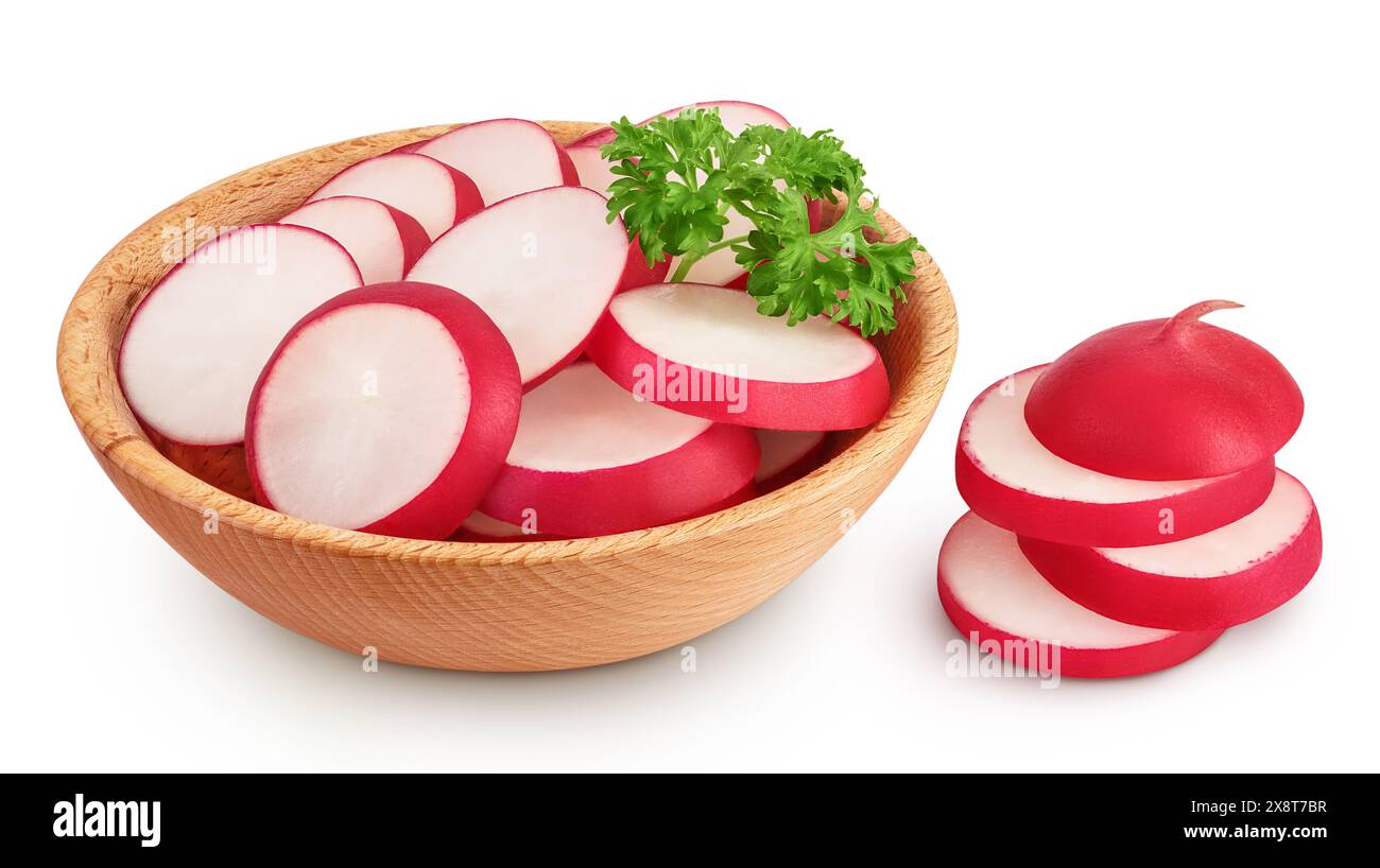 Radish slices in wooden bowl isolated on white background with full ...