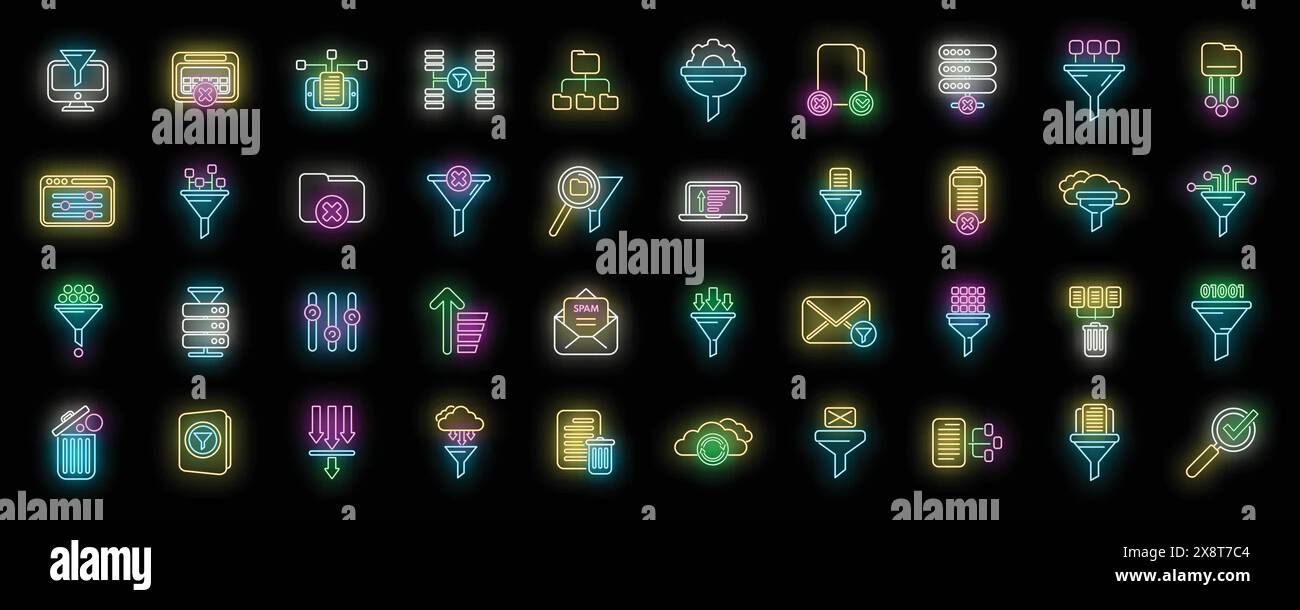 Content filter icons set outline vector. Internet funnel. Computer ...