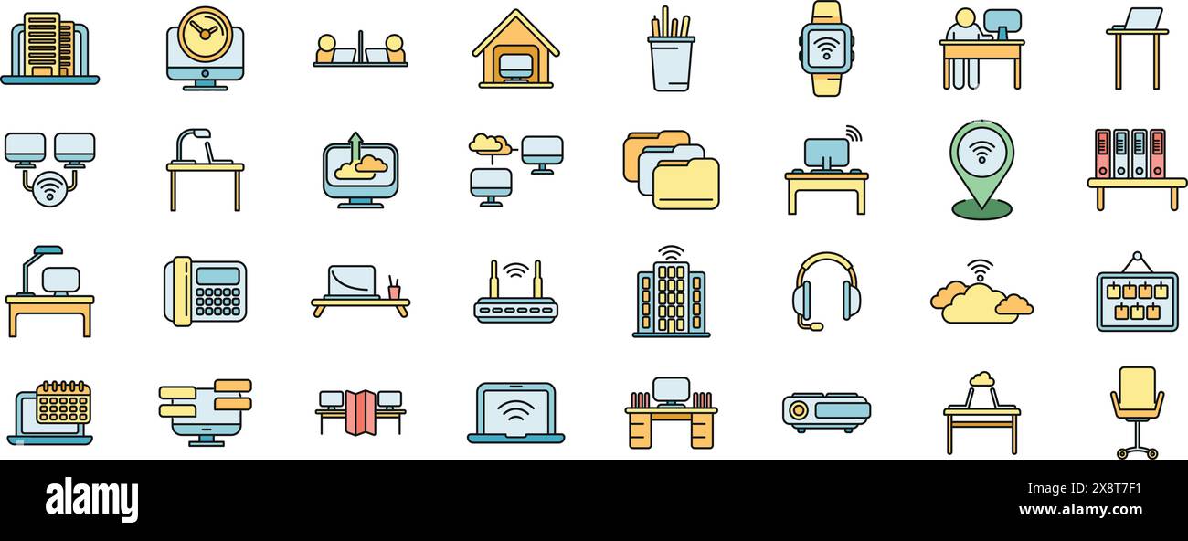 Smart office space icons set outline vector. Computer data. Digital ...