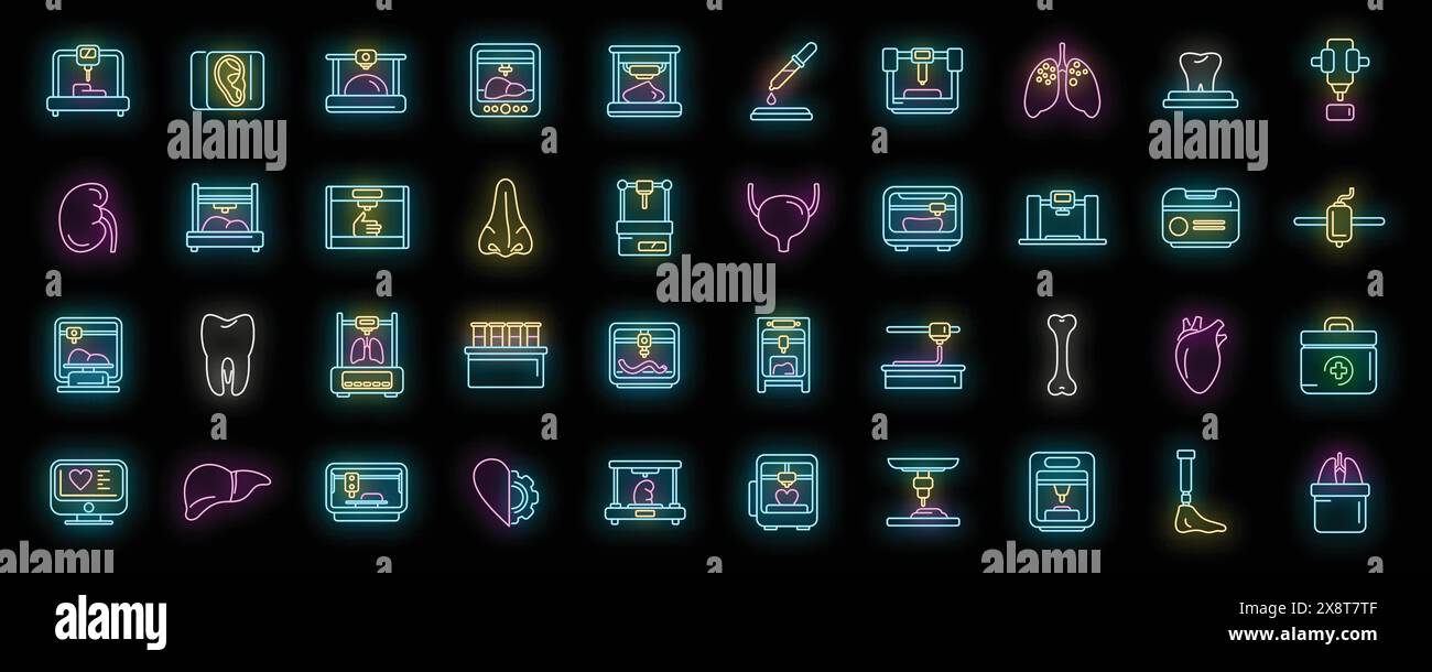 Bioprinting icons set outline vector. Anatomy bioprinter. Bone cell neon color on black Stock ...