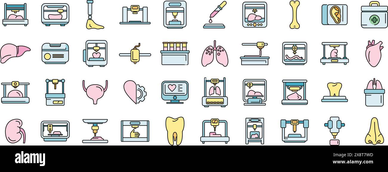 Bioprinting icons set outline vector. Anatomy bioprinter. Bone cell ...