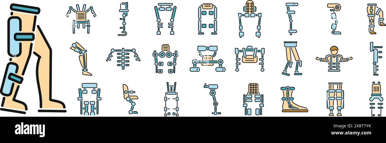 Exoskeleton icons set outline vector. Body cyber. Advanced future thin ...