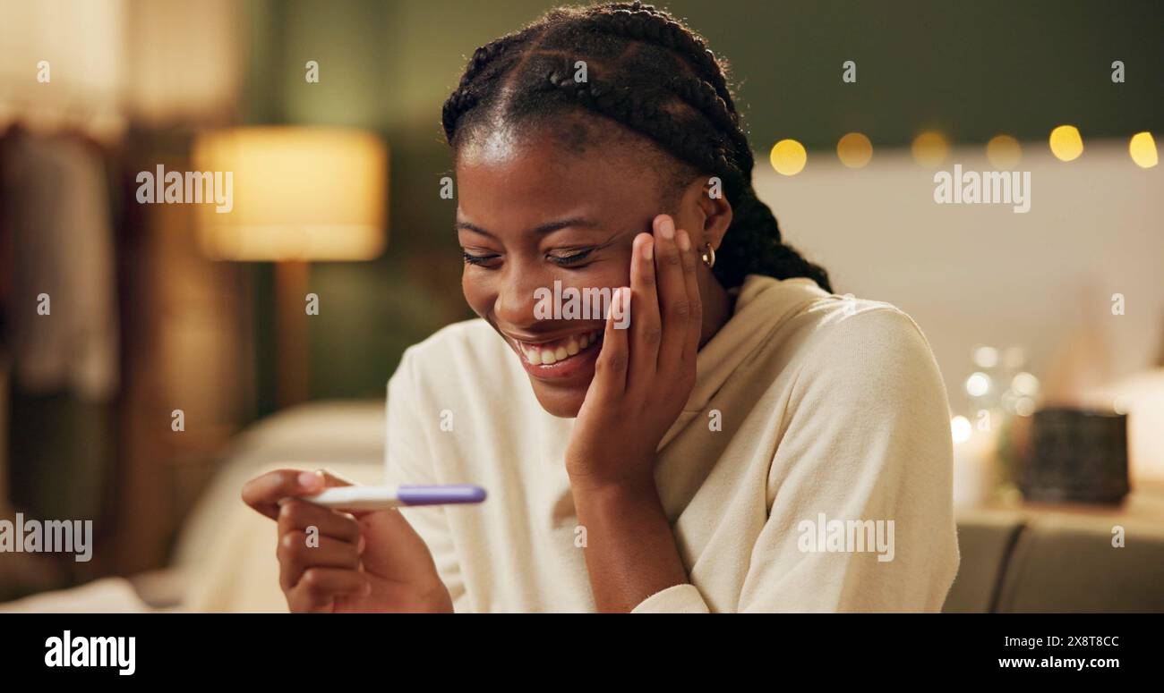 Girl, pregnancy test and excited or surprised in home with good news ...