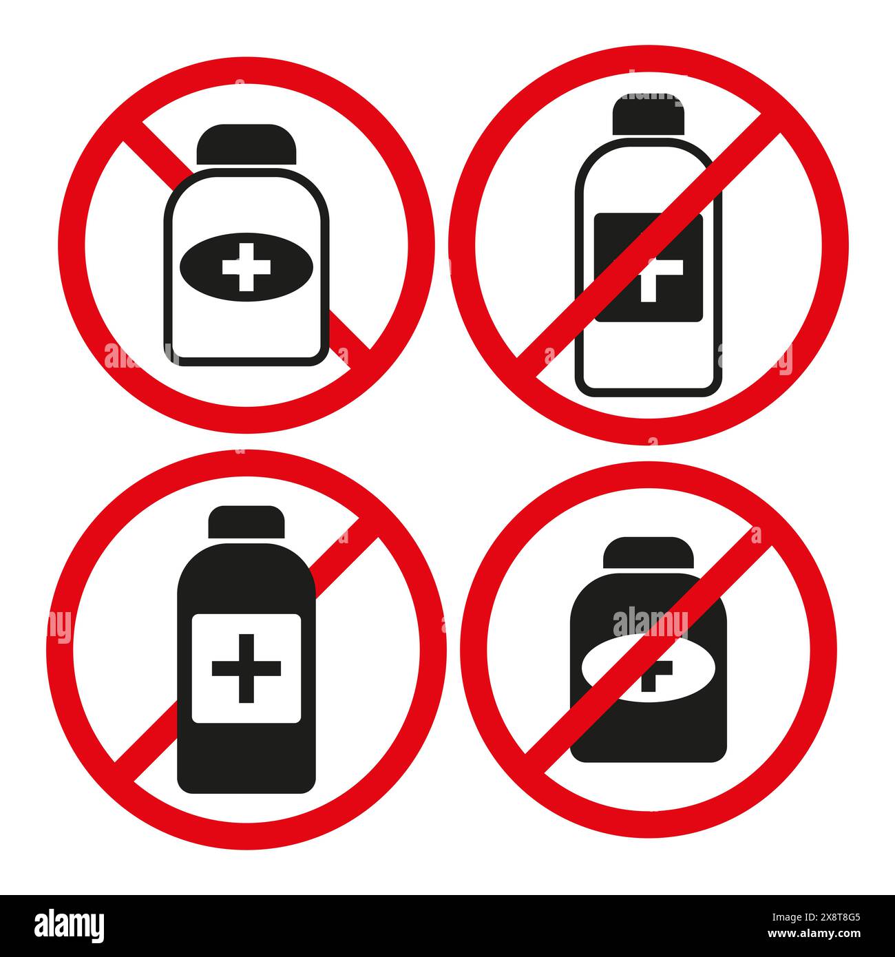 No medicine bottle. Red prohibition symbol. Healthcare vector icon ...
