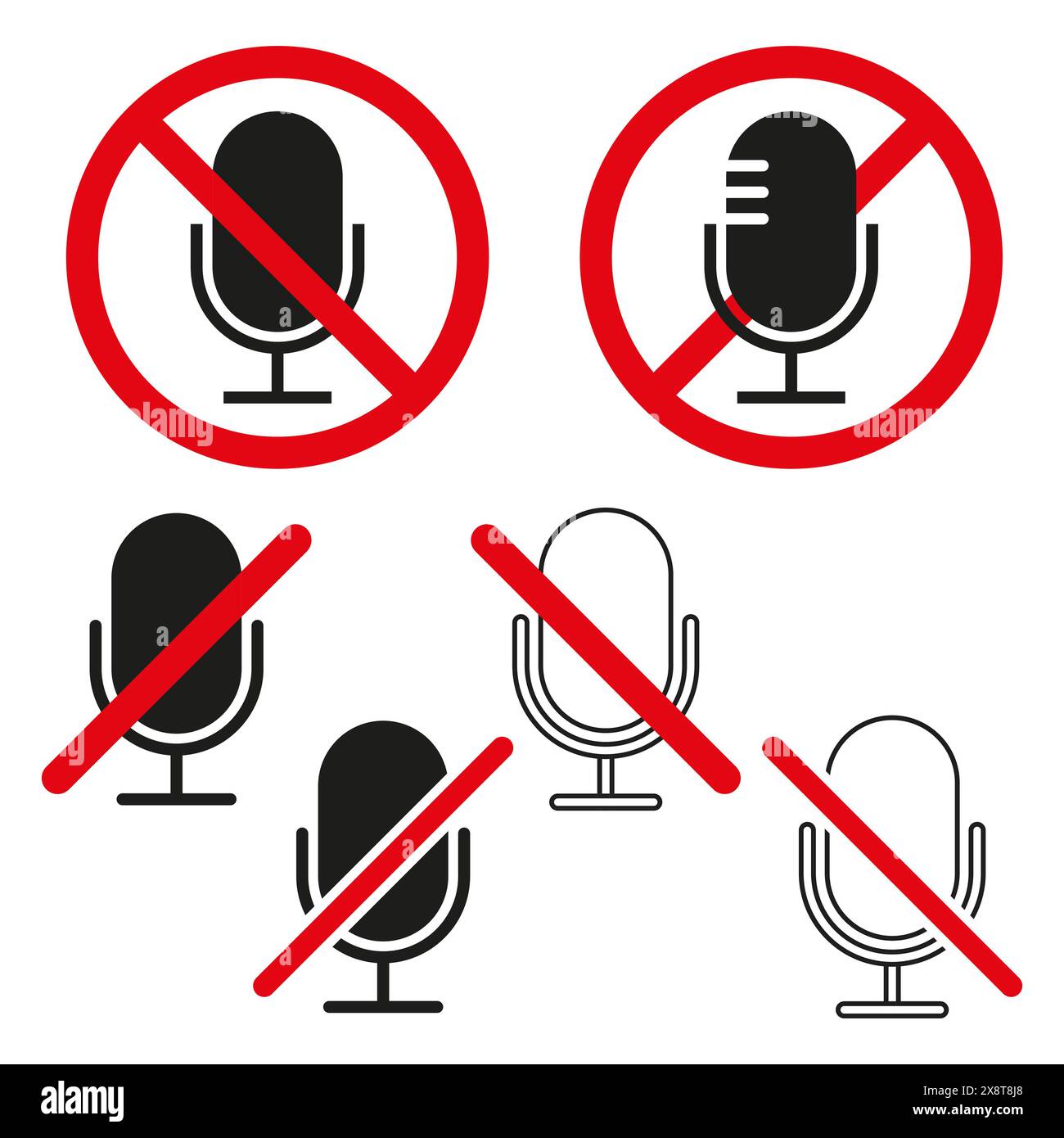 Mute microphone icon. Red prohibition symbol. No sound vector. Black ...