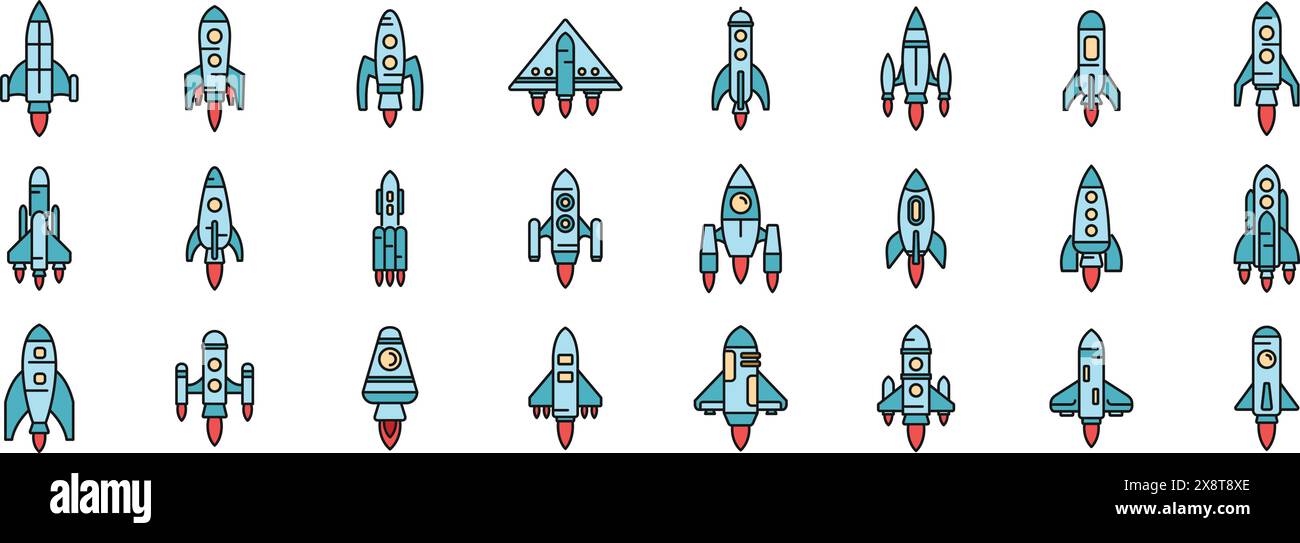 Spacecraft Launch Icons Set Outline Vector Rocket Ship Cosmos Future Thin Line Color Flat On