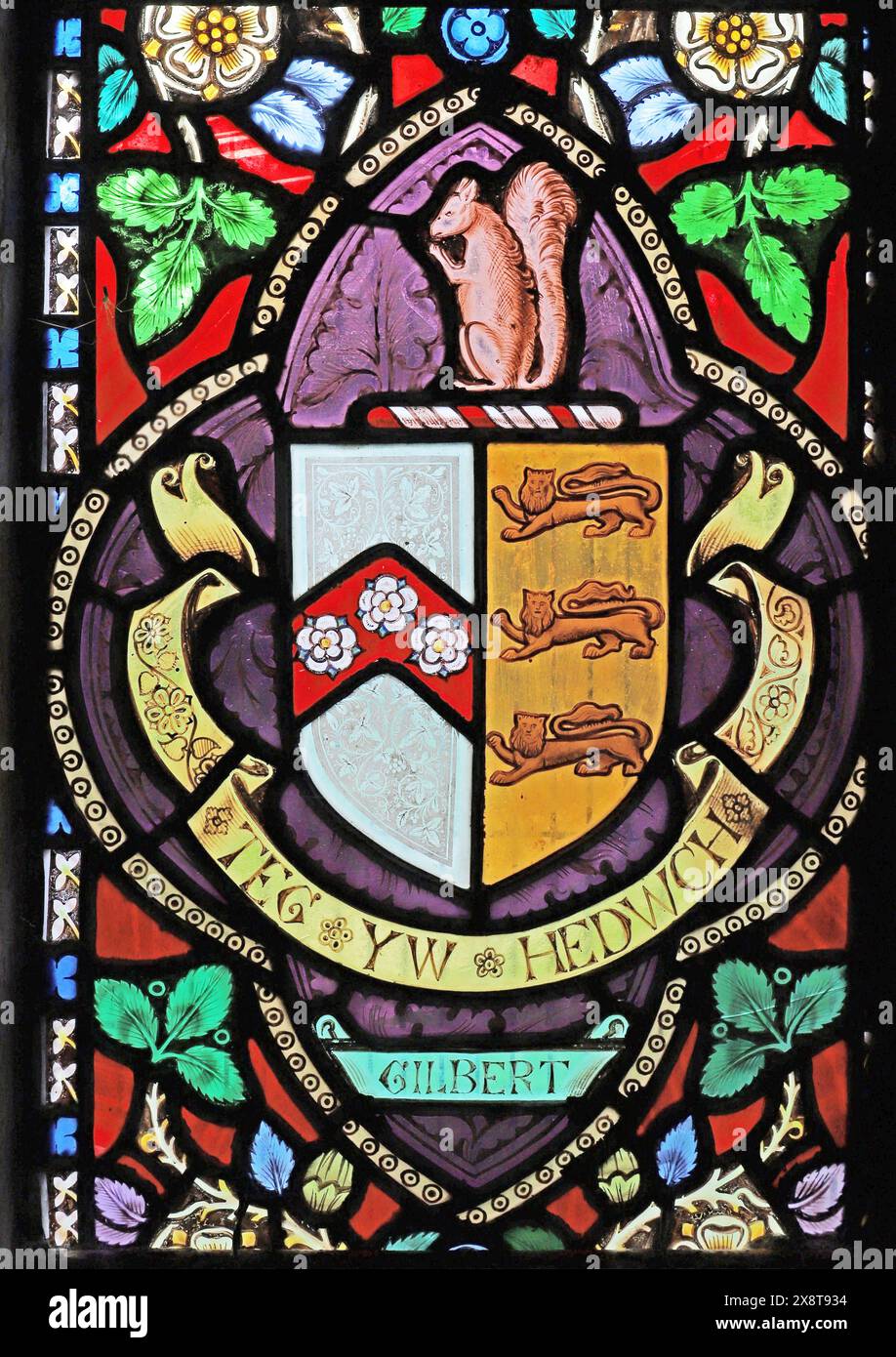 Stained glass window by Alexander Gibbs depicting coats of arms of one ...