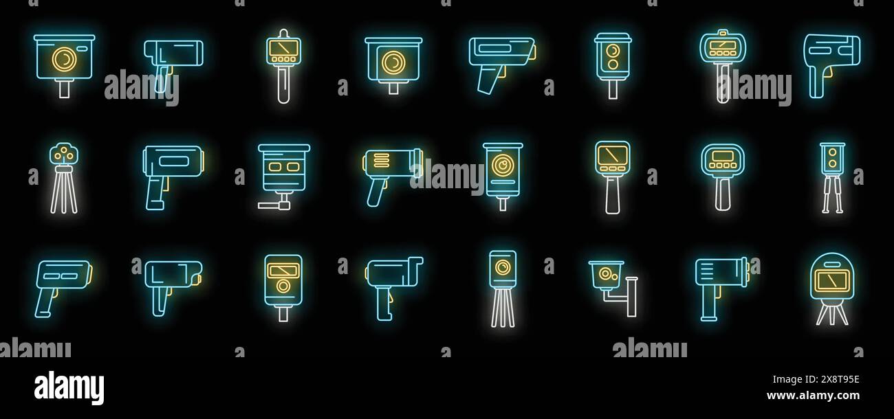 Speed radar icons set outline vector. Alert camera. Digital device neon ...