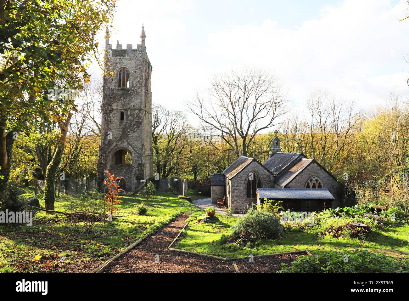 The Ruins of Old Kea Church, of which only the tower now stands, with ...