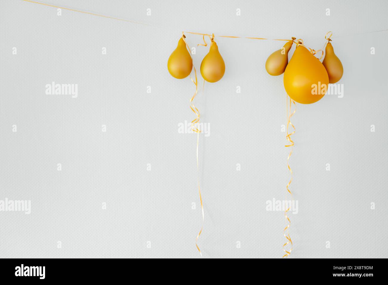 Deflated yellow balloons on golden string white background. After party ...