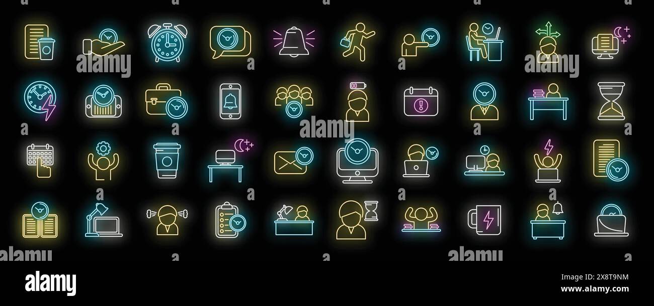 Late work icons set outline vector. Daily hour. Morning time neon color ...
