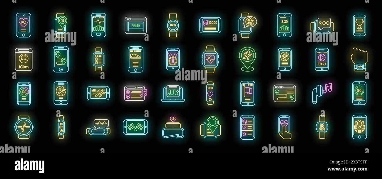 Runner app icons set outline vector. Body activity. Heart data neon ...