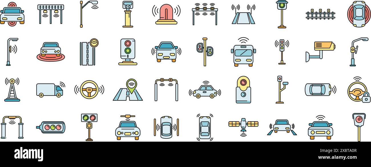 Road sensors icons set outline vector. Safety traffic. System control ...