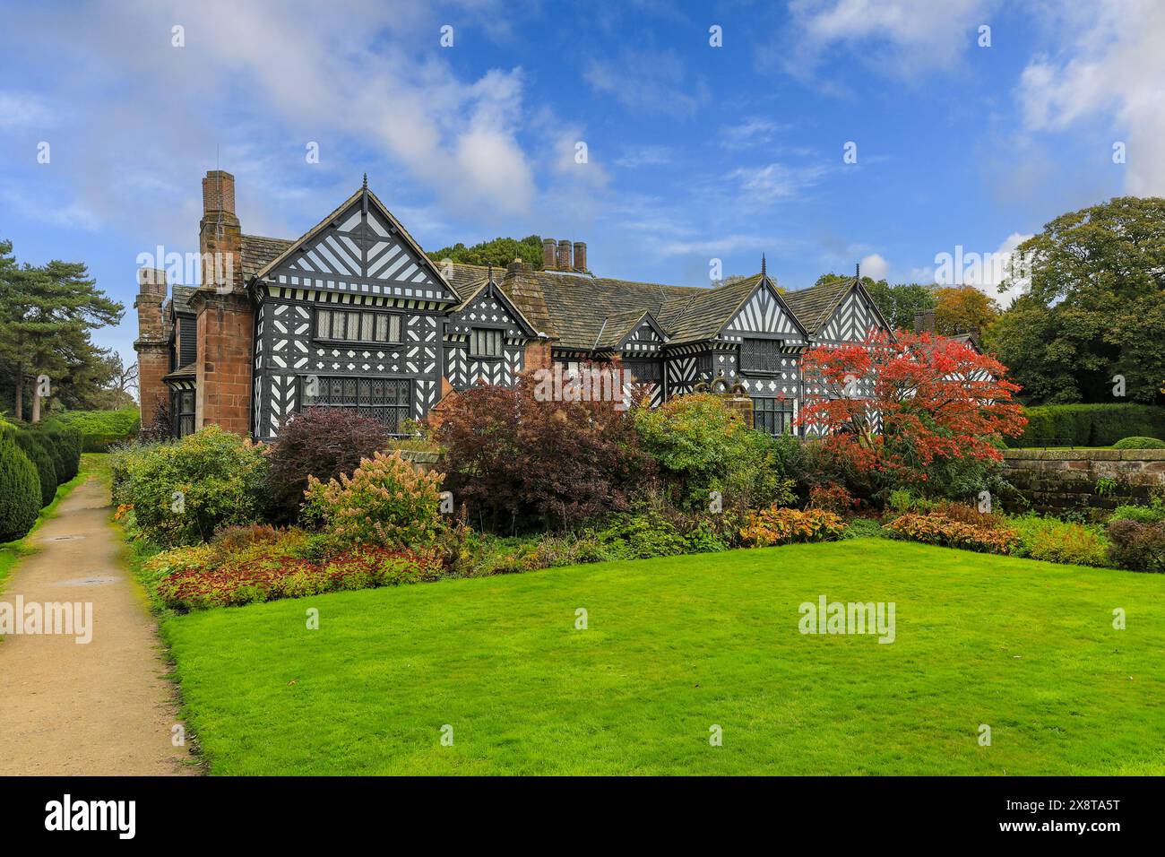 Speke Hall, a black and white painted wood-framed wattle-and-daub Tudor ...